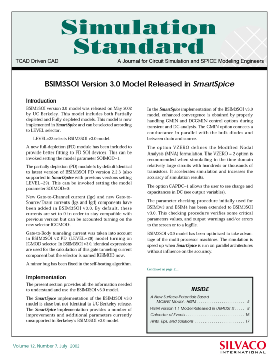 BSIM3SOI Version 3.0 Model Released in SmartSpice - Silvaco